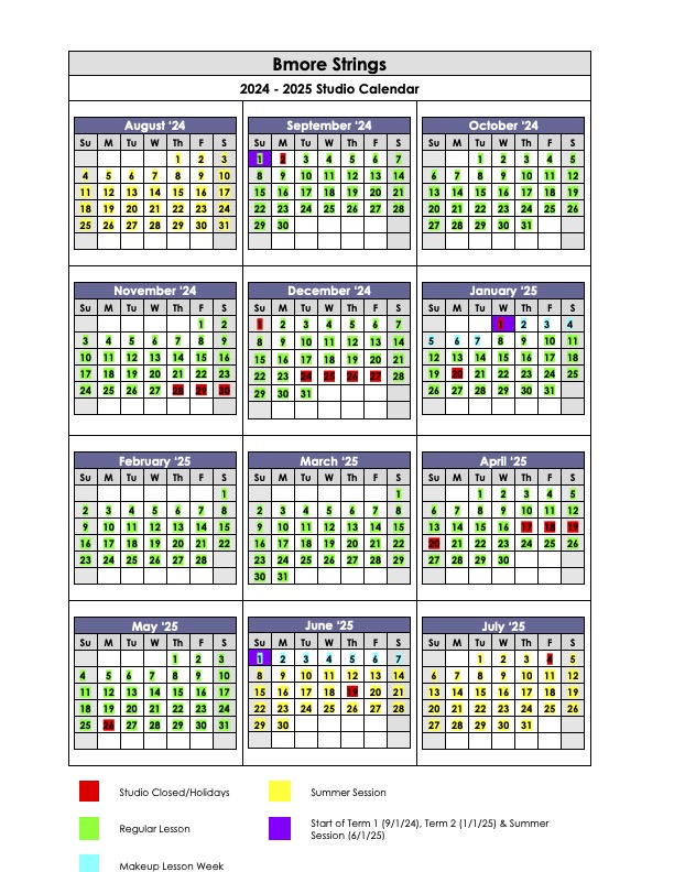 Bmore Strings 2024-2025 Calendar - Violin & Viola Lessons